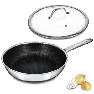 bakoniion hybrid nonstick frying pan with lid 12 inch,stainless steel honeycomb pan compatible with all cooktops dishwasher and oven safe