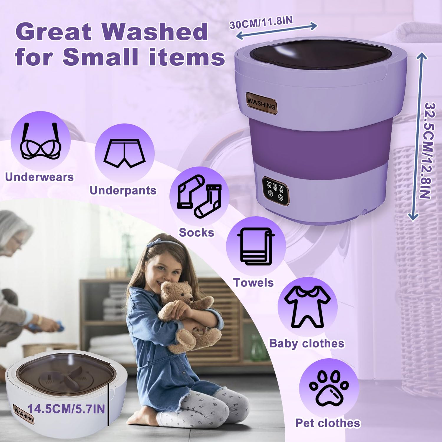 Portable Washing Machine, 15L Large Capacity New Upgraded Model, Mini Collapsible Washer with Dryer, Small Foldable Laundry Washer, Apartment, RV, Dorm, Camping, Socks, Baby Clothes, Underwear, Purple