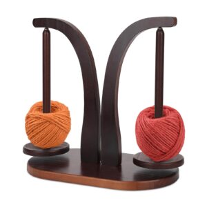 yarn holder for knitting and crocheting, 2 spindle wooden yarn spinner with rotating magnetic axis yarn skein stand organizer and anti slip pads crochet gift for knitting lovers (dark brown)