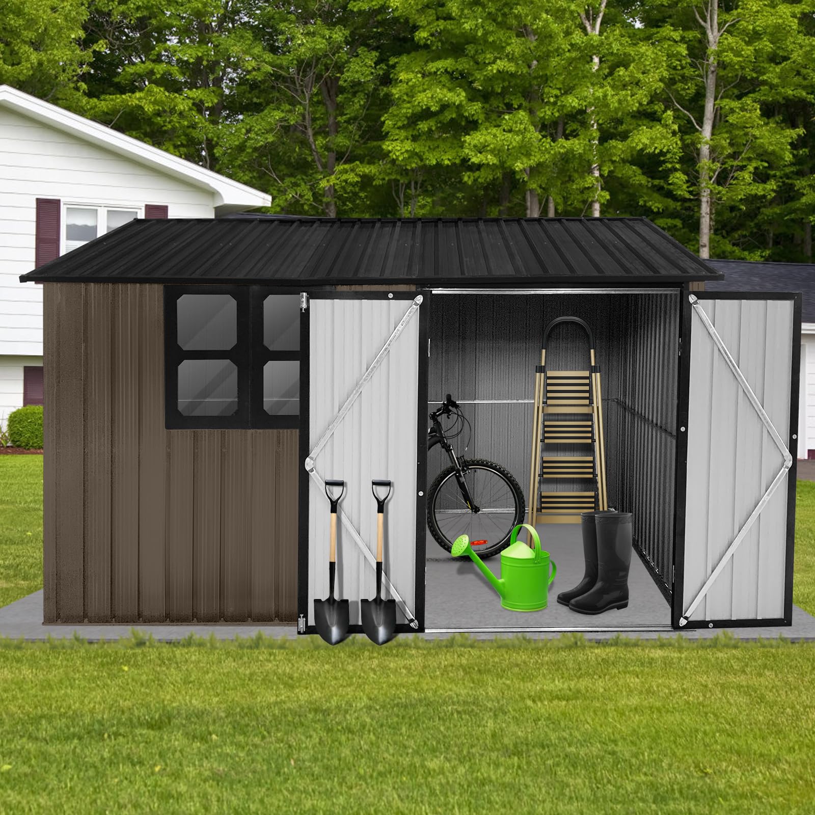 Favfurish 10×8FT Outdoor Metal Storage Garden Sheds Heavy Duty Gazebos Shed with Window and Punched Vents,Hinged Door & Padlock,for Backyard Garden Patio Lawn Bike,Brown