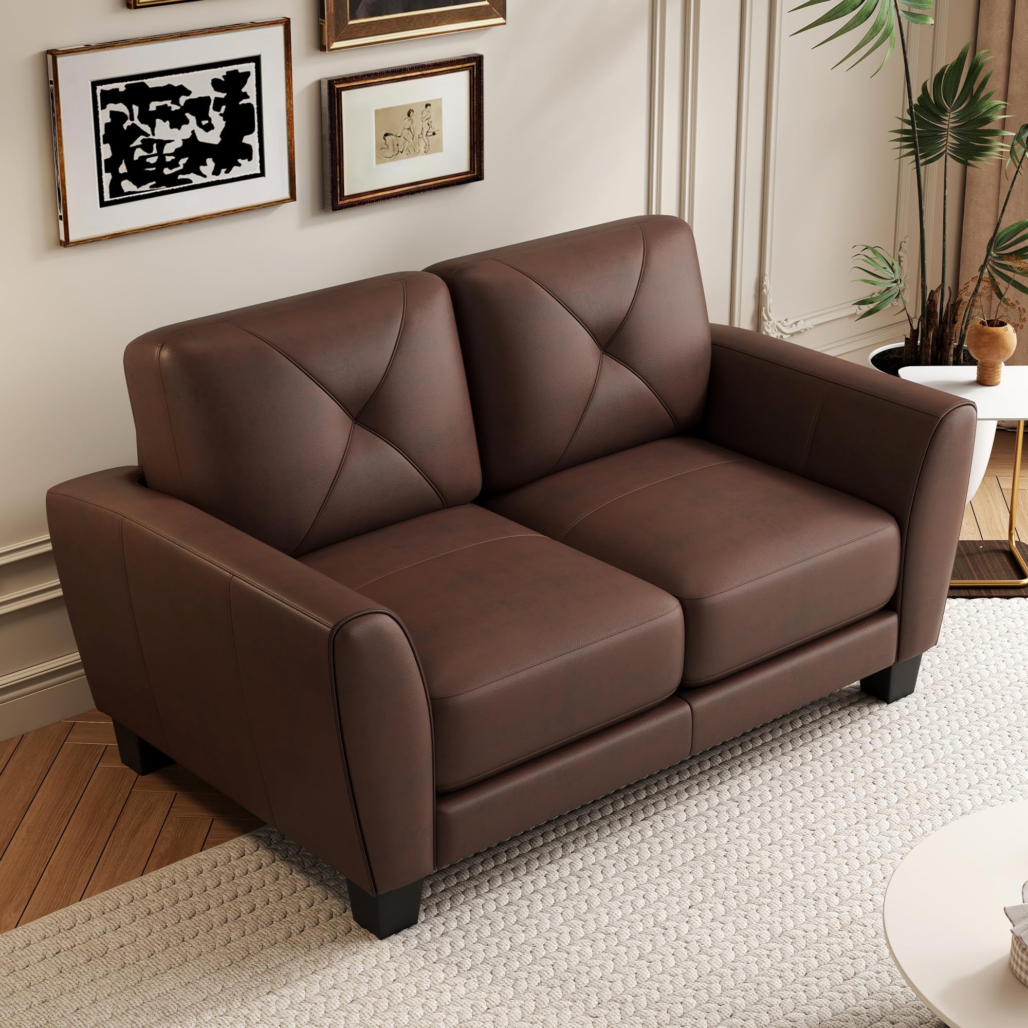 Genuine Leather Loveseat Sofa, 2 Seater Modern Sofa Couch for Living Room, Brown (62'')