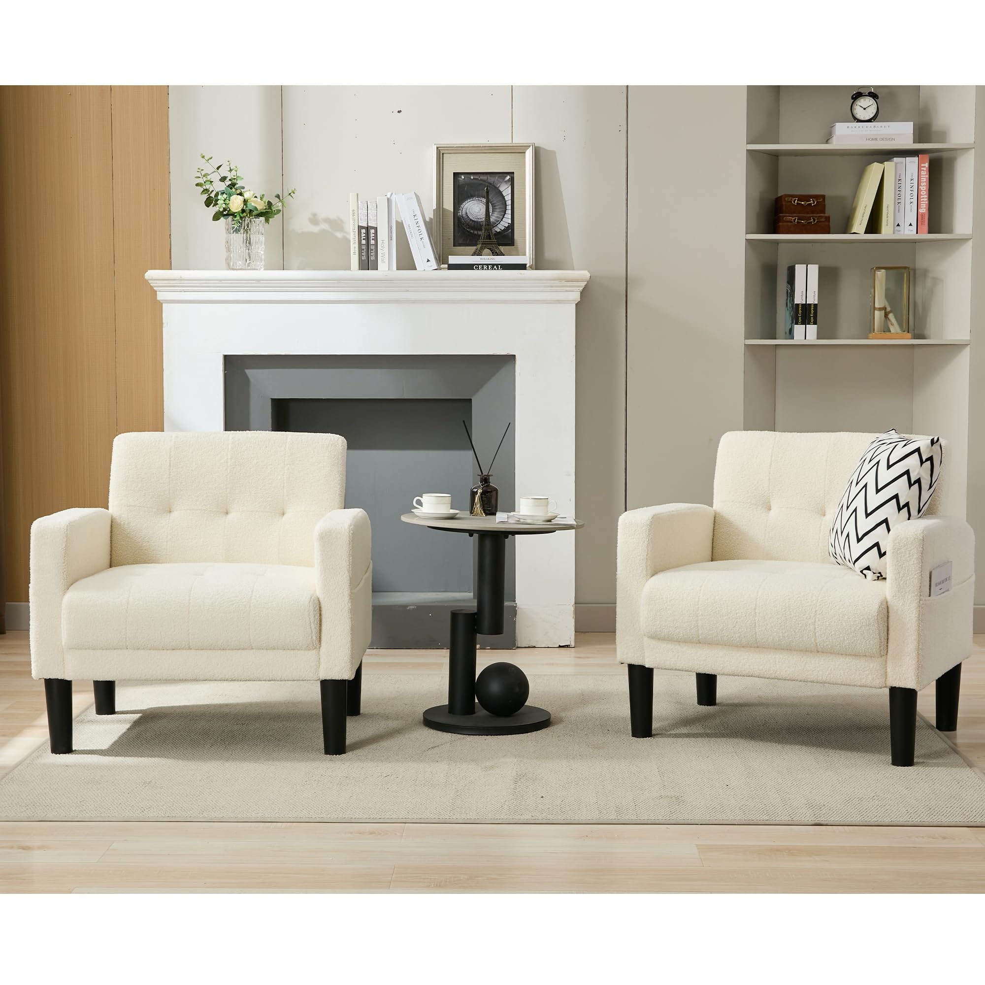 TYBOATLE Accent Chairs Set of 2 Living Room Chairs Cozy Tufted Mid Century Modern Accent Chairs with Arms for Bedroom Comfy Reading Arm Chair Small Chairs for Small Spaces Bedroom Office (2, White)