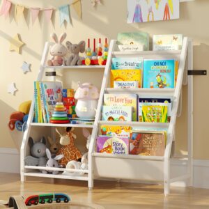 kids bookshelf and toy storage organizer, 2 in 1 montessori toddler book shelf for kids rooms, nursery bookcase, easy assembly, includes extra side pockets 11.8" d x 33.4" w x 29.5" h (white)