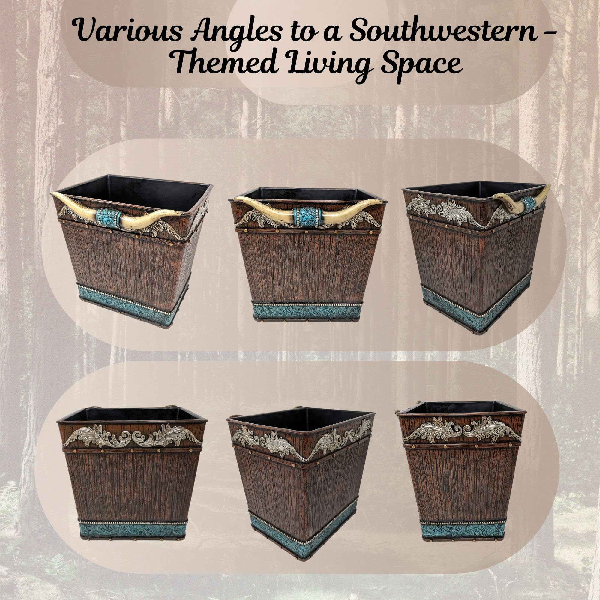 BestGiftEver Rustic Decorative Storage Bin | Southwestern Tooled Leather-Designed Wastebasket with Faux Horns | Unique Trash Bin Ideal for Native American Themed Enthusiasts