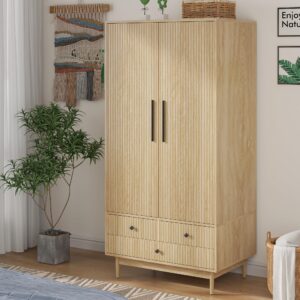 Mxtxmy Armoire Wardrobe Closet with 2 Fluted Doors,64.96" Wooden Clothes Storage Cabinet with Hanging Rod and Shelf Storage,Wardrobe Cabinet with 3 Drawers,Freestanding Closet for Bedroom,Natural