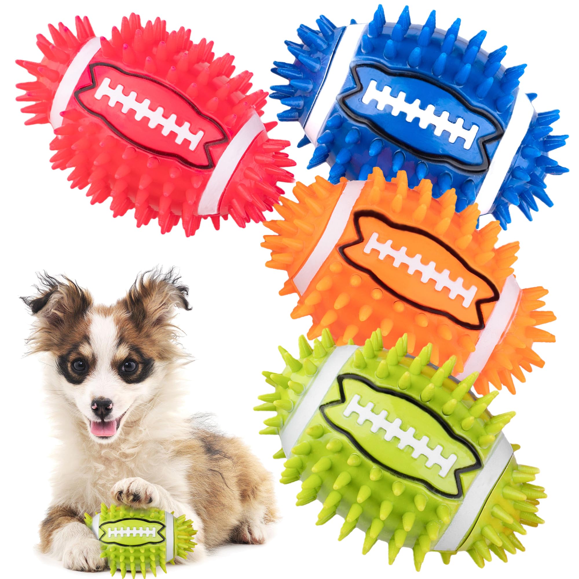 GHOBROFY 4.3” Dog Squeaky Football Toys 4 Pack, Interactive and Durable Spiky Dog Balls for Medium Large Dogs with Rugby Shape, Built-in Squeaker for Teeth Cleaning and Training