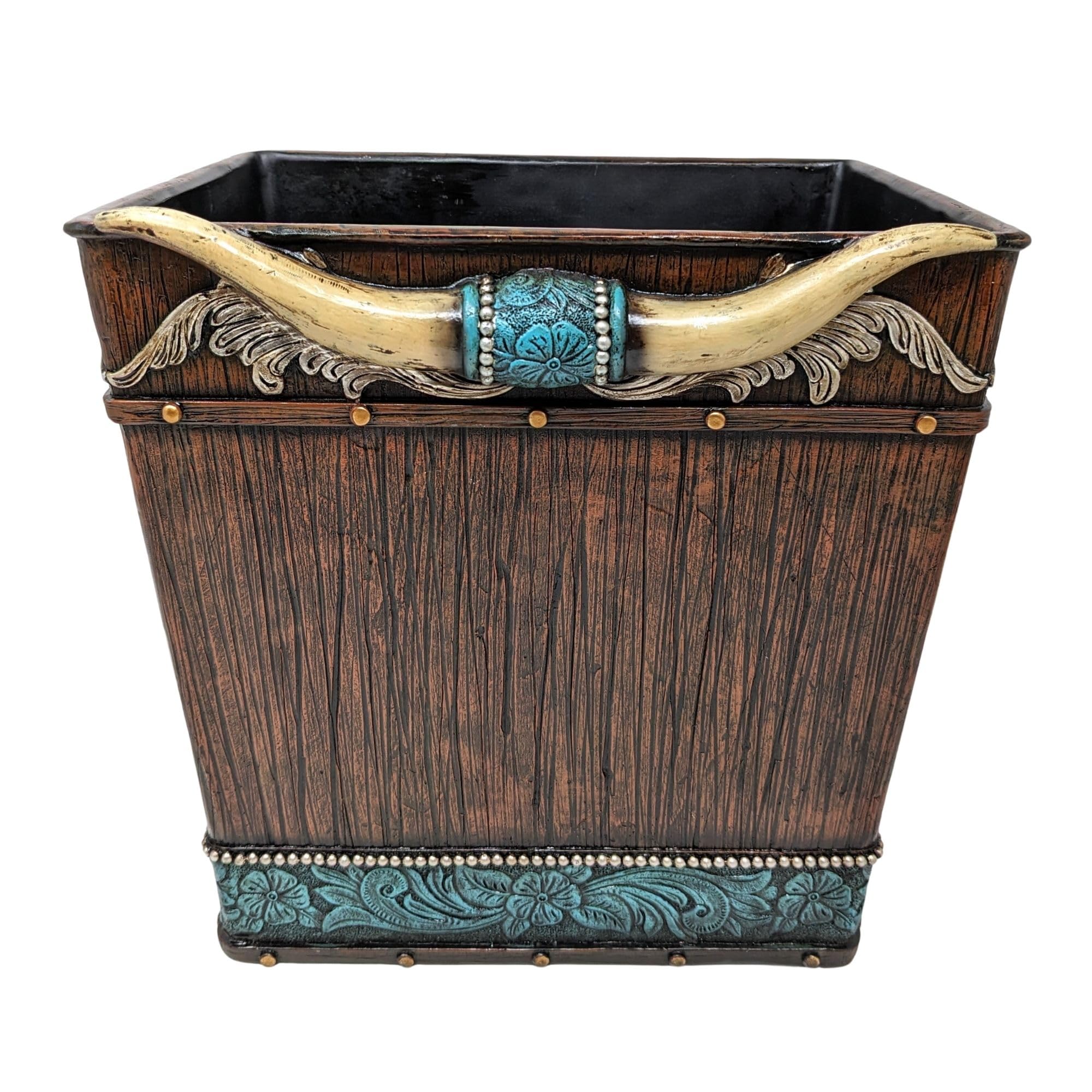 BestGiftEver Rustic Decorative Storage Bin | Southwestern Tooled Leather-Designed Wastebasket with Faux Horns | Unique Trash Bin Ideal for Native American Themed Enthusiasts