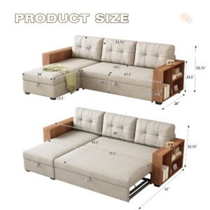 Favfurish 84" Convertible Sectional Couch with Pull Out Bed and Storage Chaise,L Shaped Sleeper Sofa W/Wood Cabinet Armrests&Removable Back Cushions,Living Room Furniture for Home,Office,Dark Beige