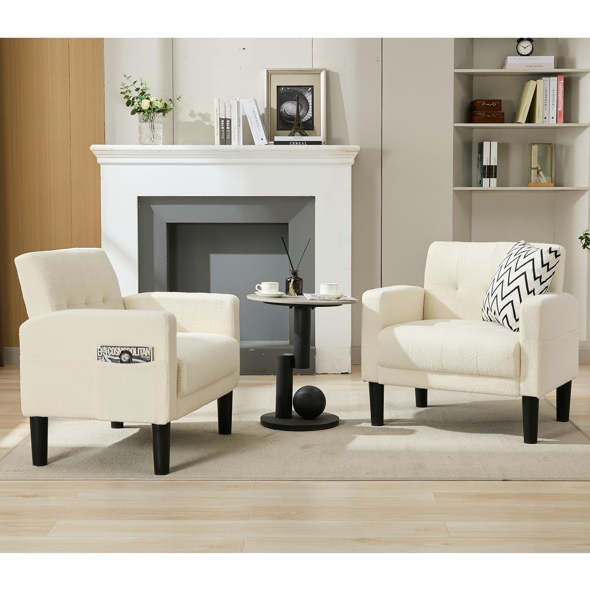 TYBOATLE Accent Chairs Set of 2 Living Room Chairs Cozy Tufted Mid Century Modern Accent Chairs with Arms for Bedroom Comfy Reading Arm Chair Small Chairs for Small Spaces Bedroom Office (2, White)