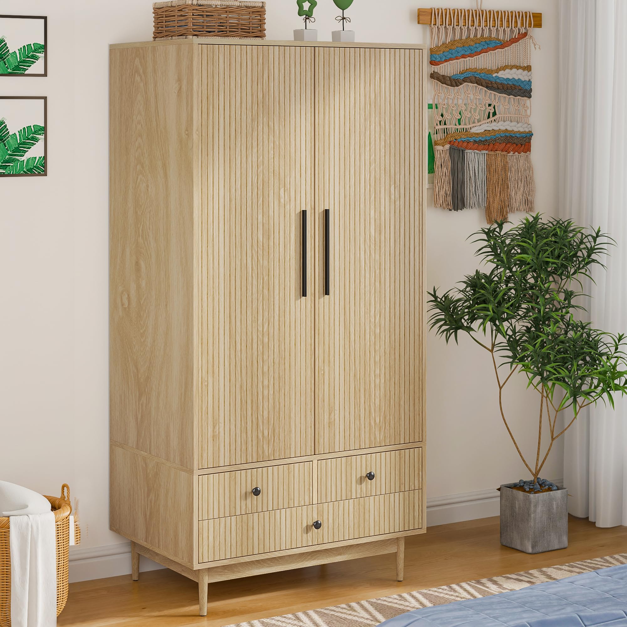 Mxtxmy Armoire Wardrobe Closet with 2 Fluted Doors,64.96" Wooden Clothes Storage Cabinet with Hanging Rod and Shelf Storage,Wardrobe Cabinet with 3 Drawers,Freestanding Closet for Bedroom,Natural