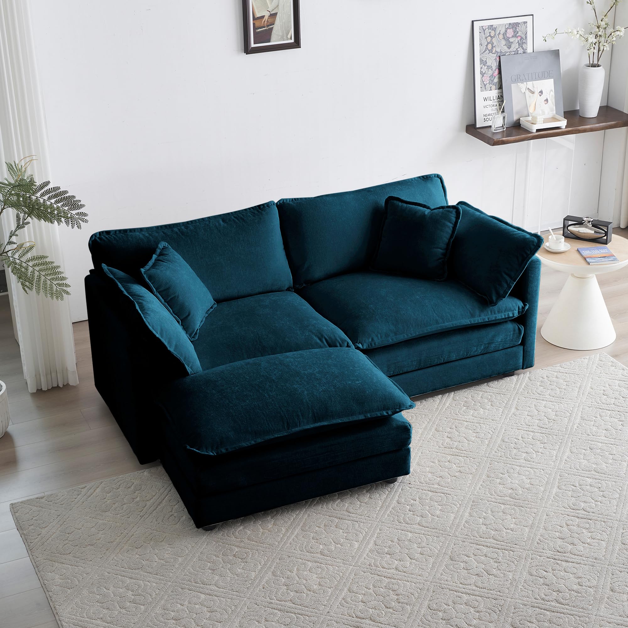 Deep Seat Cloud Loveseat Sofa Sectional Couch with Movable Ottoman, 2 Seater Oversized L Shaped Corner Sofa&Couches, Comfy Chenille Love Seat for Living Room Bedroom Apartment Office