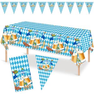 oktoberfest decorations table cloth set, octoberfest blue white diamonds checkered beer party rectangle tablecloth cover & bavarian pennant banner flag for festival themed favors supplies gift decor