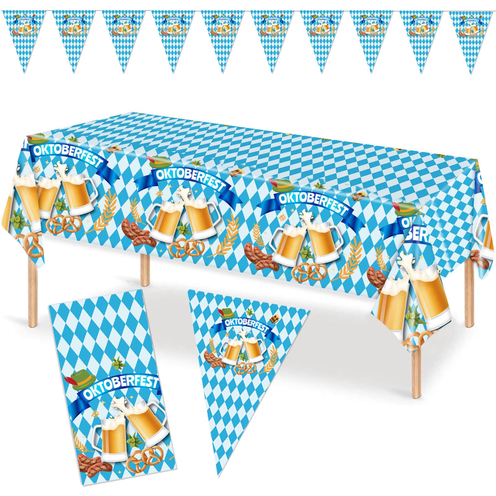 Oktoberfest Decorations Table Cloth Set, Octoberfest Blue White Diamonds Checkered Beer Party Rectangle Tablecloth Cover & Bavarian Pennant Banner Flag for Festival Themed Favors Supplies Gift Decor