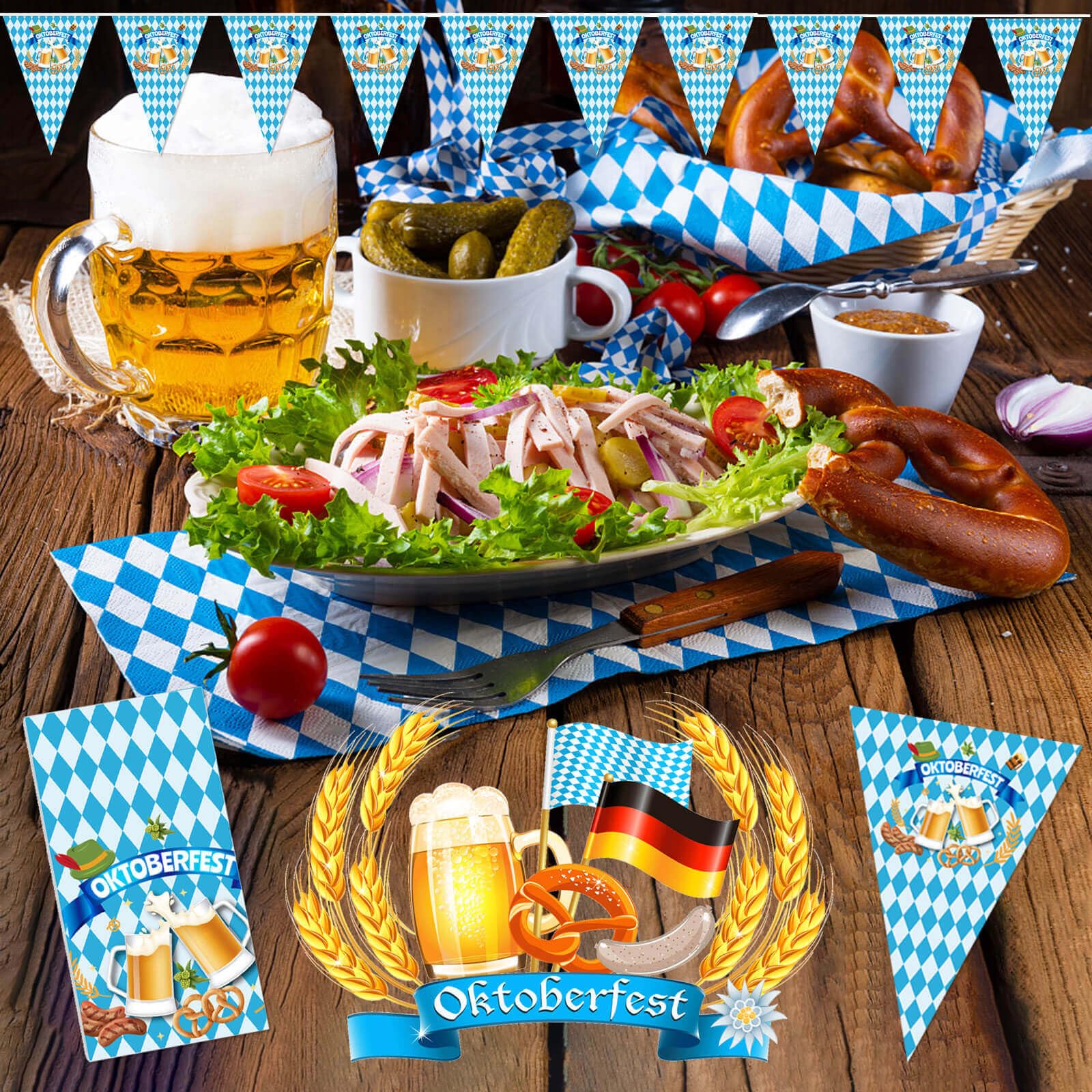 Oktoberfest Decorations Table Cloth Set, Octoberfest Blue White Diamonds Checkered Beer Party Rectangle Tablecloth Cover & Bavarian Pennant Banner Flag for Festival Themed Favors Supplies Gift Decor