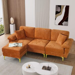 wrofly l shaped sectional sofa couch, 88.5" comfy upholstered velvet 3 seat sofa set with convertible ottoman & 2 pillows, modern deep seat cloud couch for living room office apartment, orange