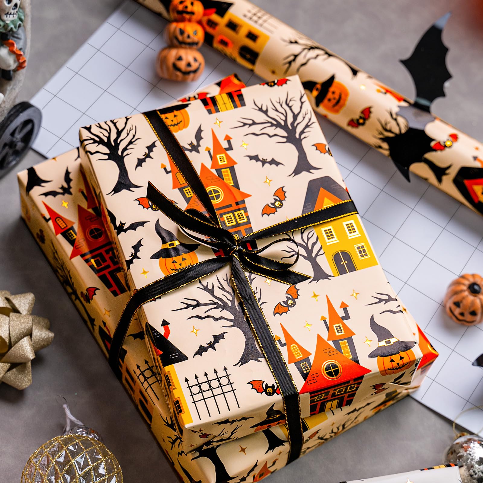 Yarcony Halloween Wrapping Paper Roll - 17 Inch X 33 Feet - Metallic Foil Classic Orange Haunted House, Pumpkin and Bat Pattern Gift Wrap Paper Sheet for Halloween's Day, Holiday Decorations, Birthday