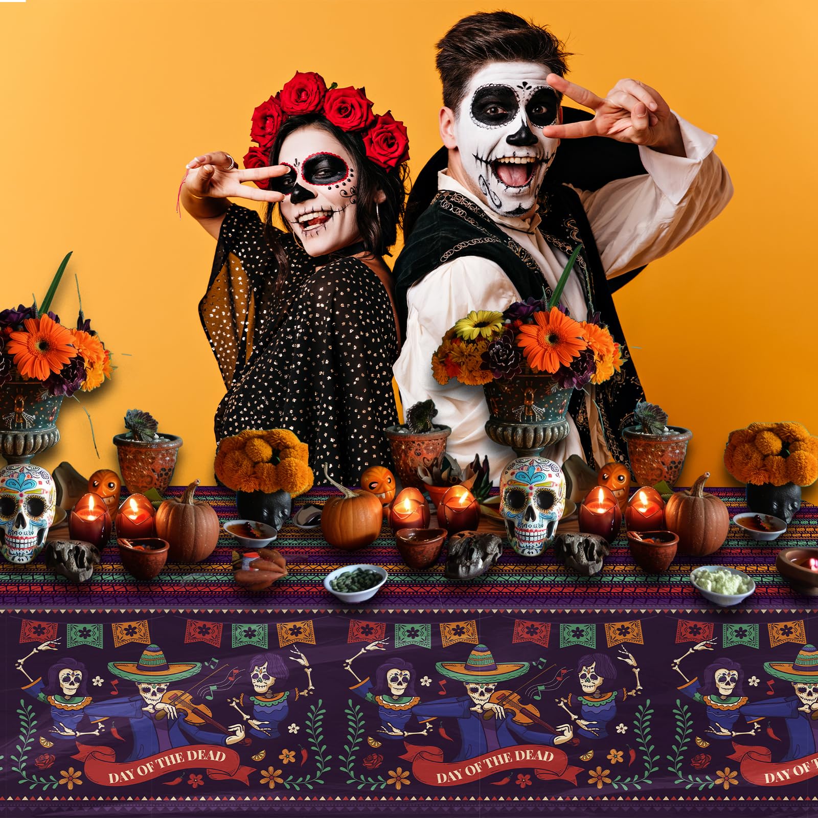 3pcs Day of The Dead Plastic Tablecloth Dia De Los Muertos Decor Sugar Skull Floral Table Cloth Disposable Rectangle Table Cover for Halloween Mexican Fiesta Birthday Coco Party Supplies(70 x 43 Inch)