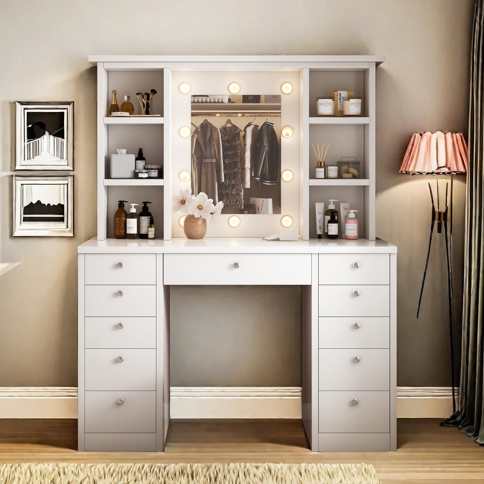 Runboll Vanity Desk with Mirror and Lights, Large Makeup Vanity with Lots of Storage, 45.3" L Dressing Table White with 10 Bulbs, 4 Open Shelves and 11 Drawers, 3 Lighting Modes, Brightness Adjustable