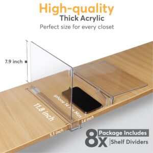 HOMY BLISS Acrylic Shelf Dividers Closet Organization 11x7.9 inches, Pack of 8 Tall Closet Shelf Organizer with Smooth Corners - Clear Closet Shelf Dividers - Purse Organizer for Closet