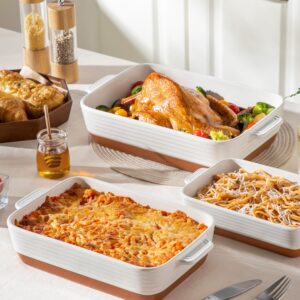 MALACASA Casserole Dishes for Oven, Ceramic Baking Dishes Set of 3, Baking Pan Casserole Dish Set, Rectangular Lasagna Pan Deep with Handles for Baking, Khaki White (14.5''/13''/10.5''), Series TARA