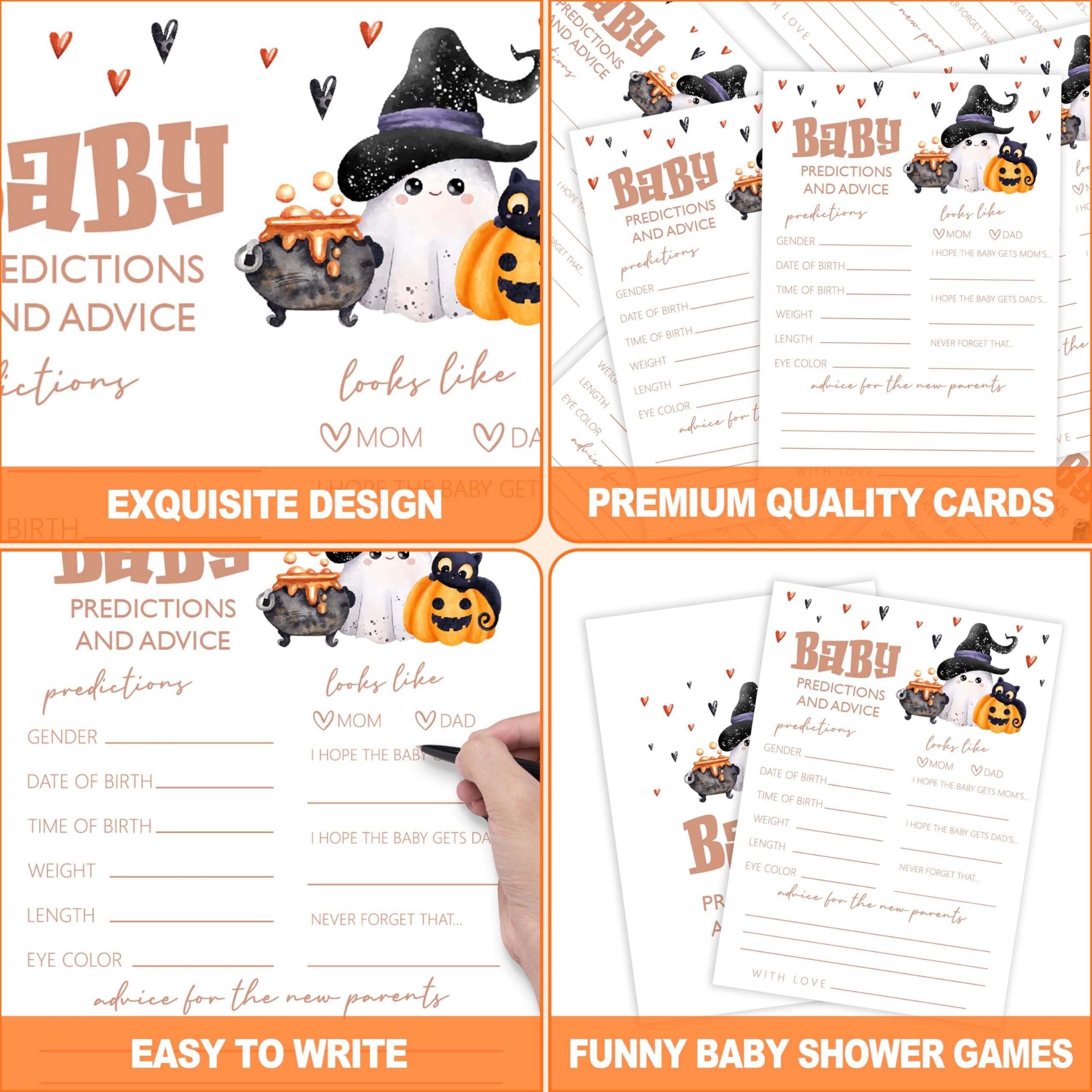 Beshoul Baby Shower Games, Halloween Baby Predictions and Advice Cards, 25 Double-Sided Game Cards for Gender Reveal Party Decorations Supplies Announcement - B02