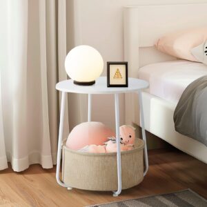 DUMOS Small Round Side End Table, Modern Nightstand with Fabric Storage Basket, Bedside Table for Living Room Bedroom (White & Beige