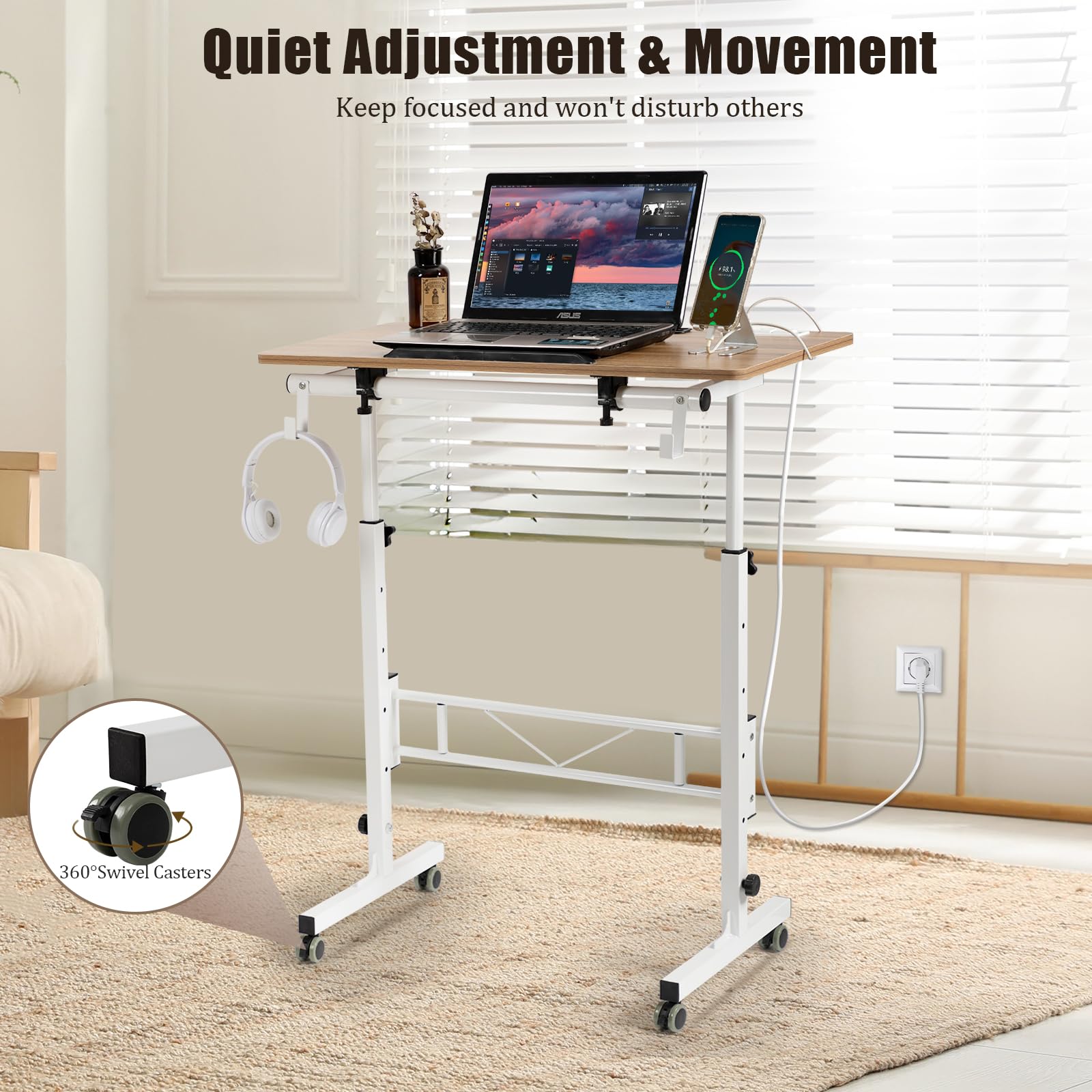 SIDUCAL Standing Desk Height Adjustable with Tiltable Tabletop, Rolling Laptop Desk with Charging Station, Sit Stand Portable Stand Up Desk with Wheels, Vintage Oak