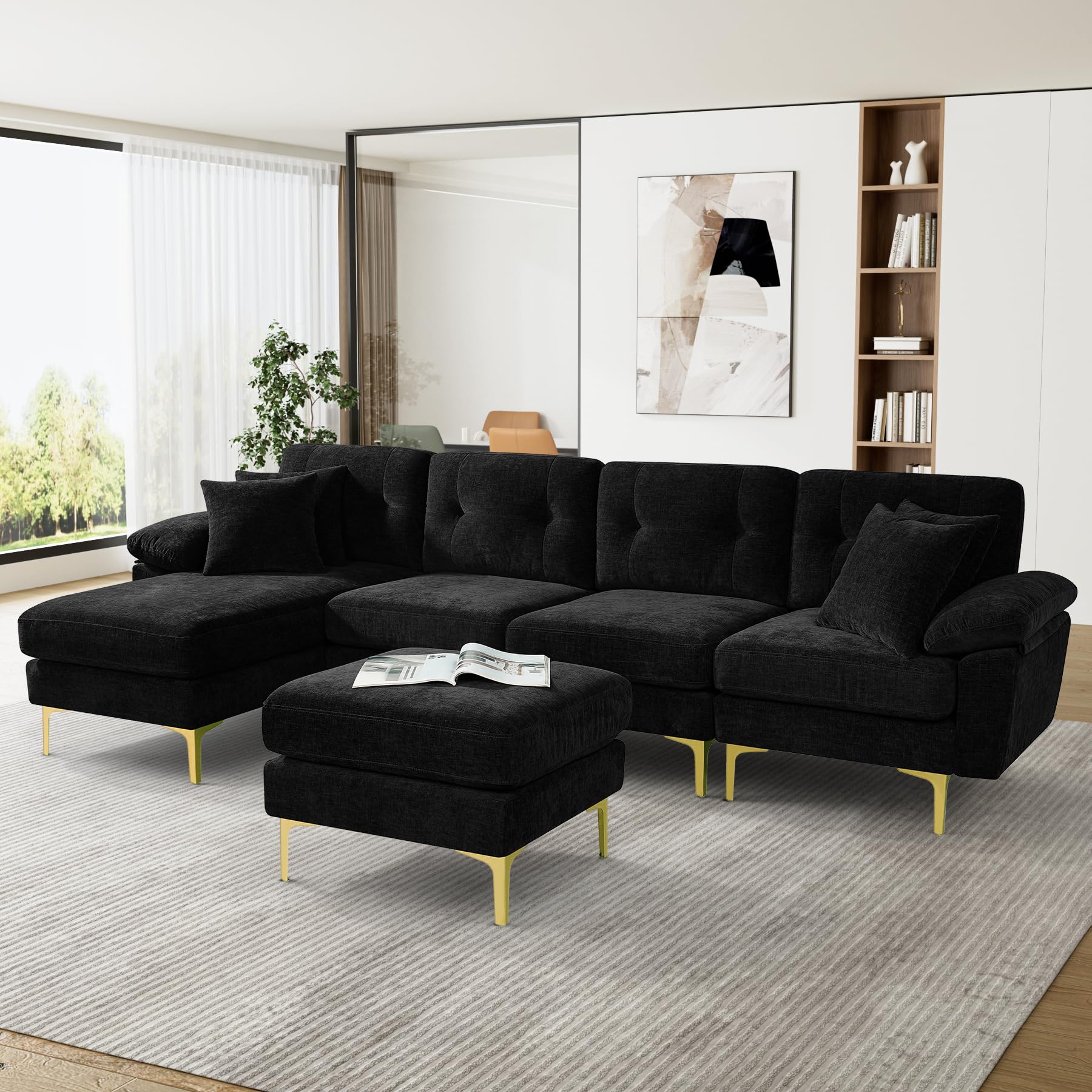 DAMAIFROM U-Shaped Sectional Sofa Couch, 114" Convertible L-Shaped Sectional Sofa with Chaise Lounge, Ottoman and Pillows, Modern Chenille 4 Seat Sofa Couch Set for Living Room (Black)