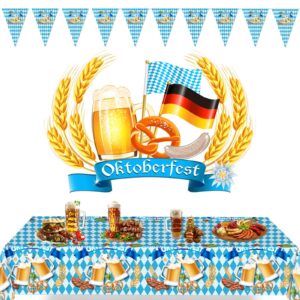 Oktoberfest Decorations Table Cloth Set, Octoberfest Blue White Diamonds Checkered Beer Party Rectangle Tablecloth Cover & Bavarian Pennant Banner Flag for Festival Themed Favors Supplies Gift Decor