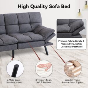 Sunny Heart Convertible Futon Sofa Bed, Memory Foam Futon Couch Sleeper Sofa, Small Splitback Loveseat Polyester Modern Sofa Bed for Living Room, Apartment, Dormitory, Office, Grey, Updated Quality