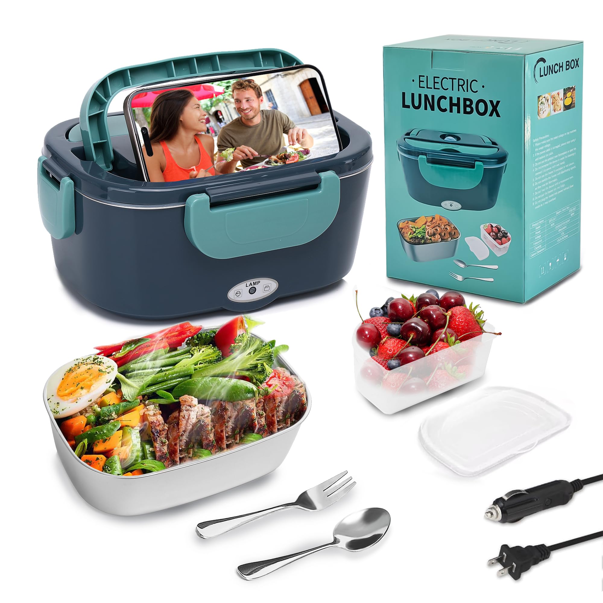 XSWPL Electric Lunch Box Heated Lunch Box 80W Electric Lunch Box for Adults 12/24/110V Lonchera Eléctrica 304 Stainless Portable Lunch Box Warmer for Office/Car/Truck(1.5L)