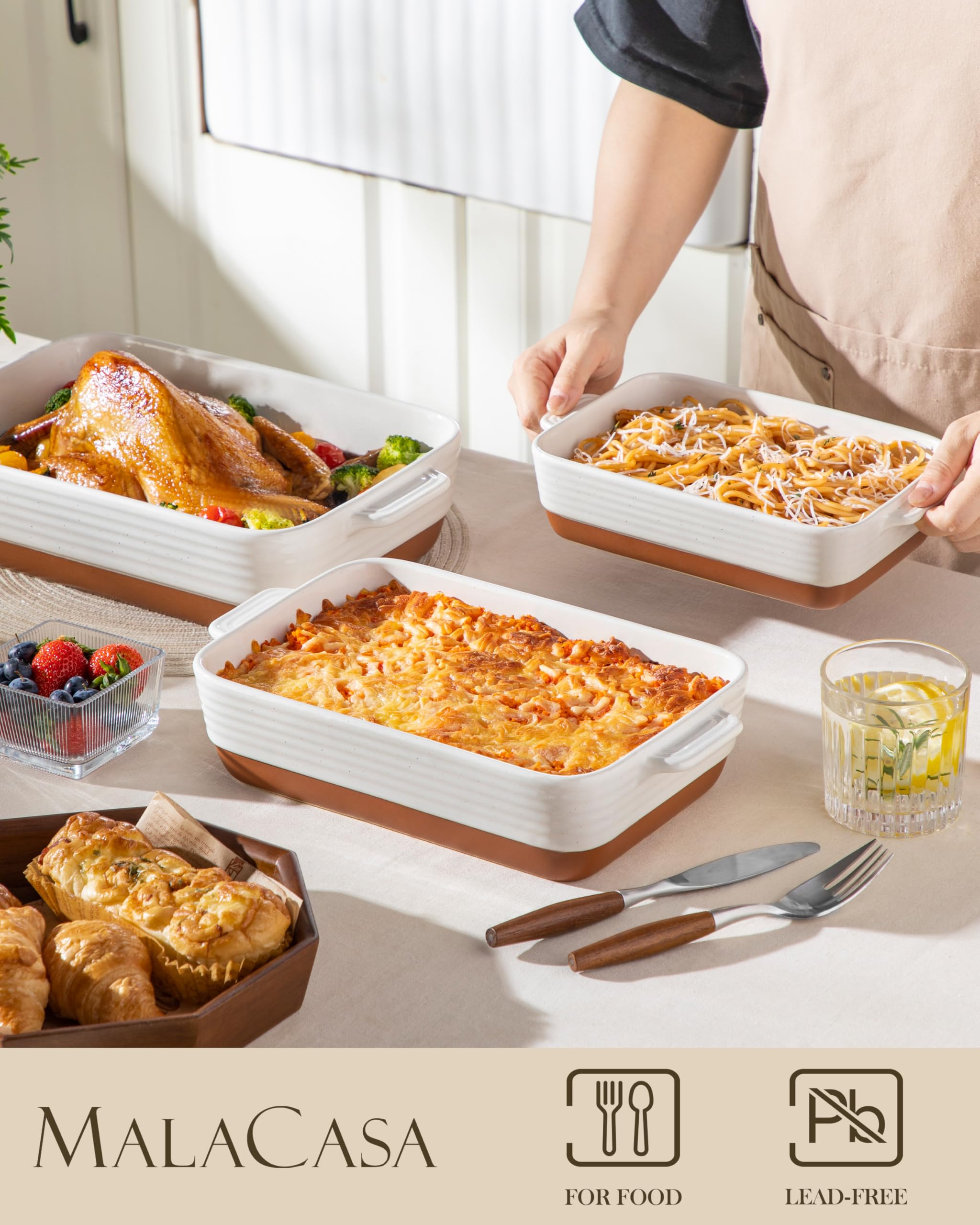 MALACASA Casserole Dishes for Oven, Ceramic Baking Dishes Set of 3, Baking Pan Casserole Dish Set, Rectangular Lasagna Pan Deep with Handles for Baking, Khaki White (14.5''/13''/10.5''), Series TARA