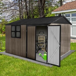 Favfurish 10×8FT Outdoor Metal Storage Garden Sheds Heavy Duty Gazebos Shed with Window and Punched Vents,Hinged Door & Padlock,for Backyard Garden Patio Lawn Bike,Brown