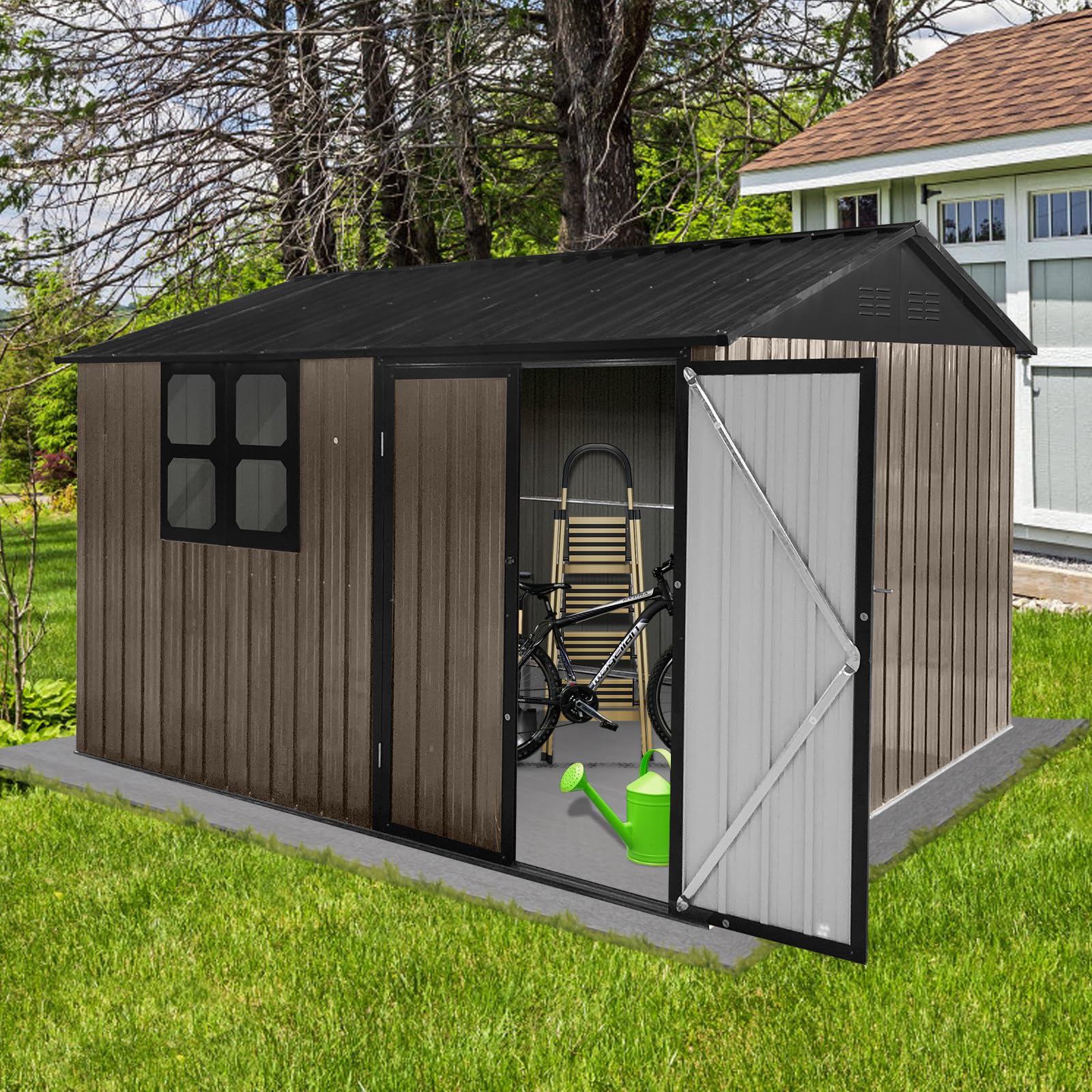 Favfurish 10×8FT Outdoor Metal Storage Garden Sheds Heavy Duty Gazebos Shed with Window and Punched Vents,Hinged Door & Padlock,for Backyard Garden Patio Lawn Bike,Brown