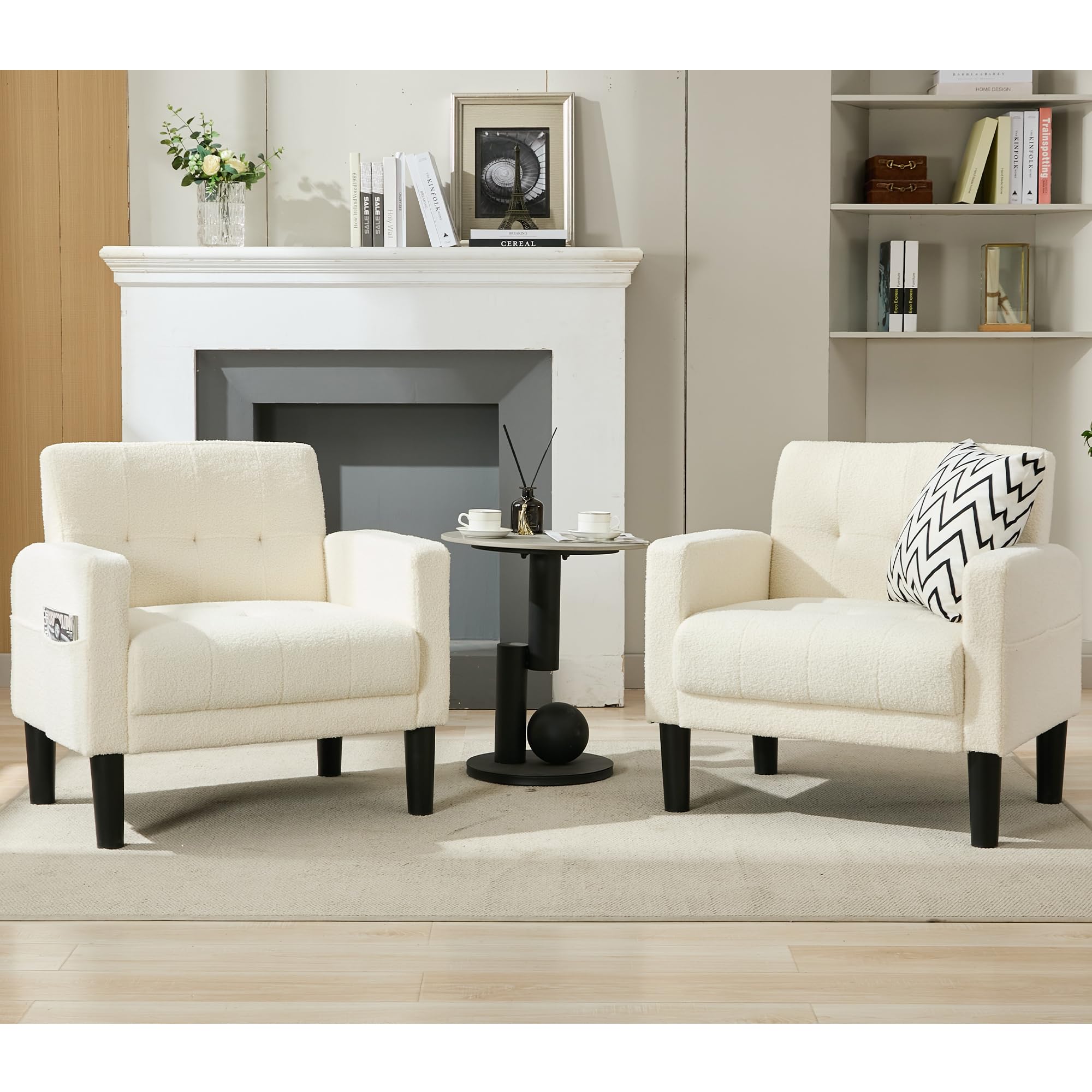 TYBOATLE Accent Chairs Set of 2 Living Room Chairs Cozy Tufted Mid Century Modern Accent Chairs with Arms for Bedroom Comfy Reading Arm Chair Small Chairs for Small Spaces Bedroom Office (2, White)