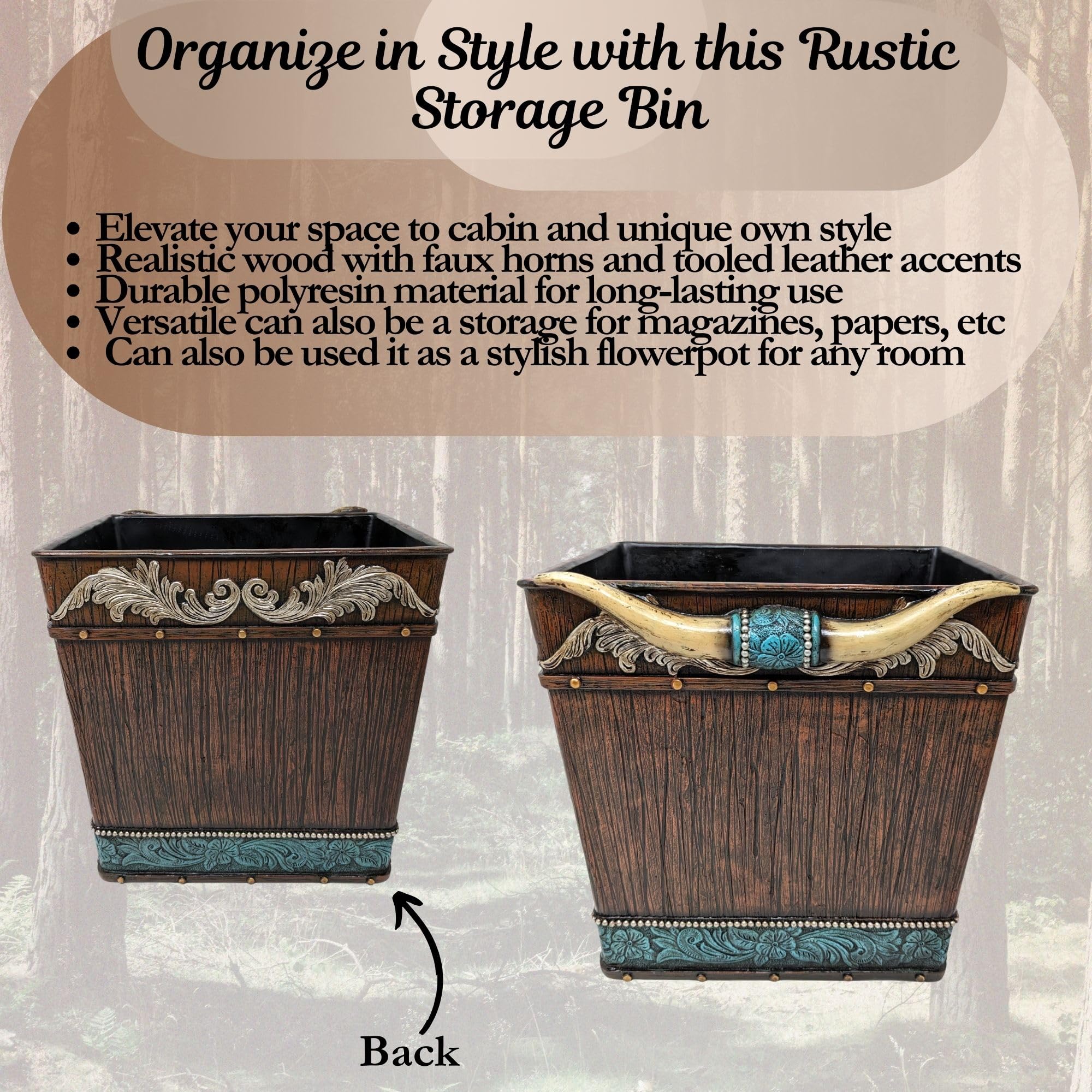 BestGiftEver Rustic Decorative Storage Bin | Southwestern Tooled Leather-Designed Wastebasket with Faux Horns | Unique Trash Bin Ideal for Native American Themed Enthusiasts