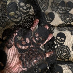 59 Inch Black Skull Lace Fabric, Rose Floral Lace for DIY Party Covers, Curtains, Tablecloths, Halloween Decorations (Black, 1 Yard (59 x 35 in))