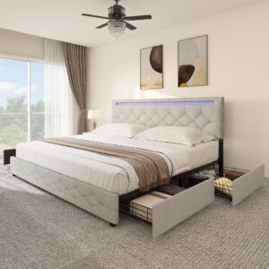 yitahome led bed frame king-size, upholstered platform bed with adjustable headboard & led lighting, storage bed frame with 4 drawers, wooden slat support, no box spring required, gray