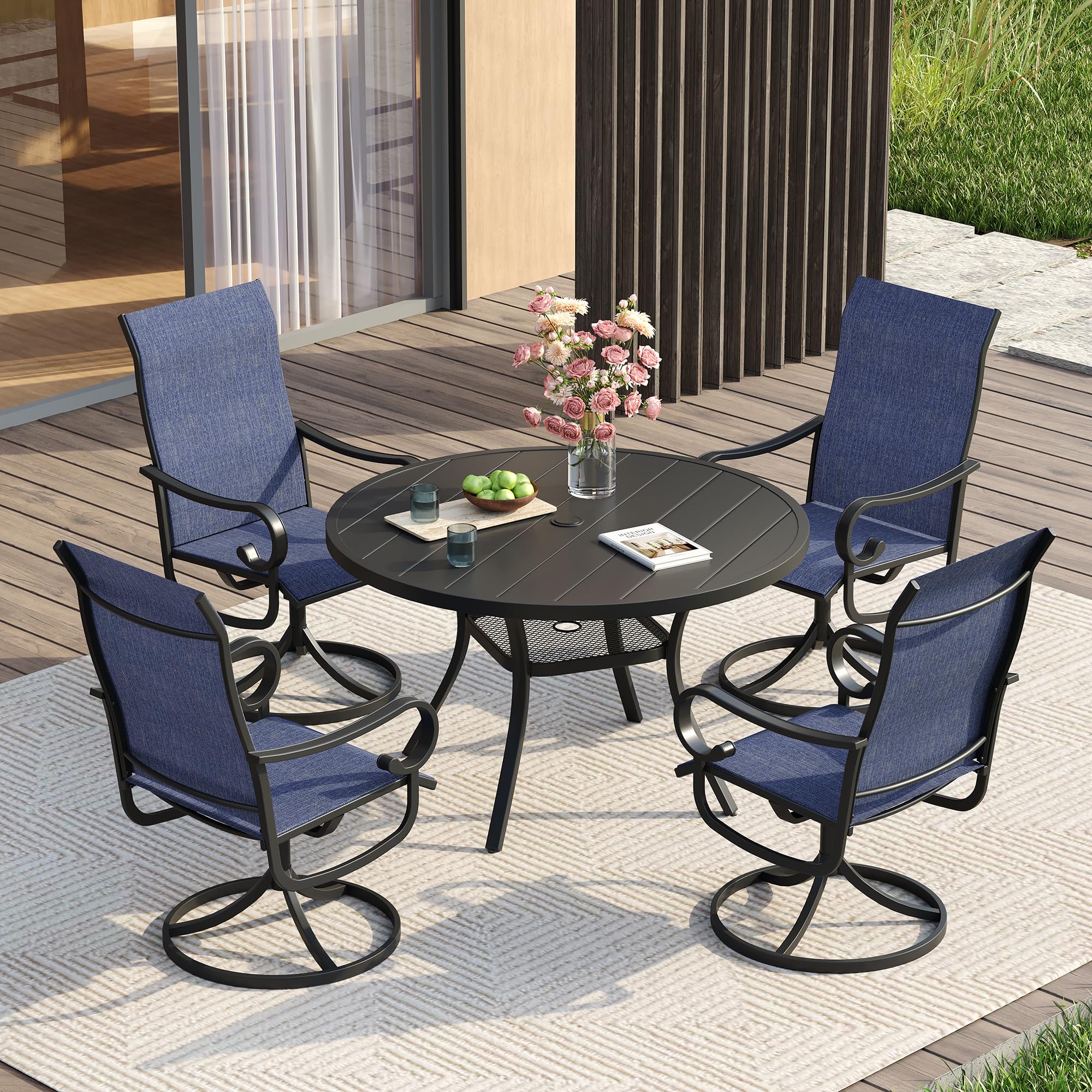 VICLLAX Swivel Patio Chairs Set of 4, 360-degree All-Weather Outdoor Swivel Chairs for Lawn Garden, Patio Dining Chairs, Black Metal Frame and Blue Textilene Mesh Fabric