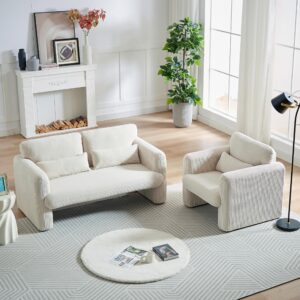 2 piece modern corduroy living room sofa set with loveseat sofa and single sofa with support pillow and inlaid armrest for apartment, office, living room,3 seater (beige)