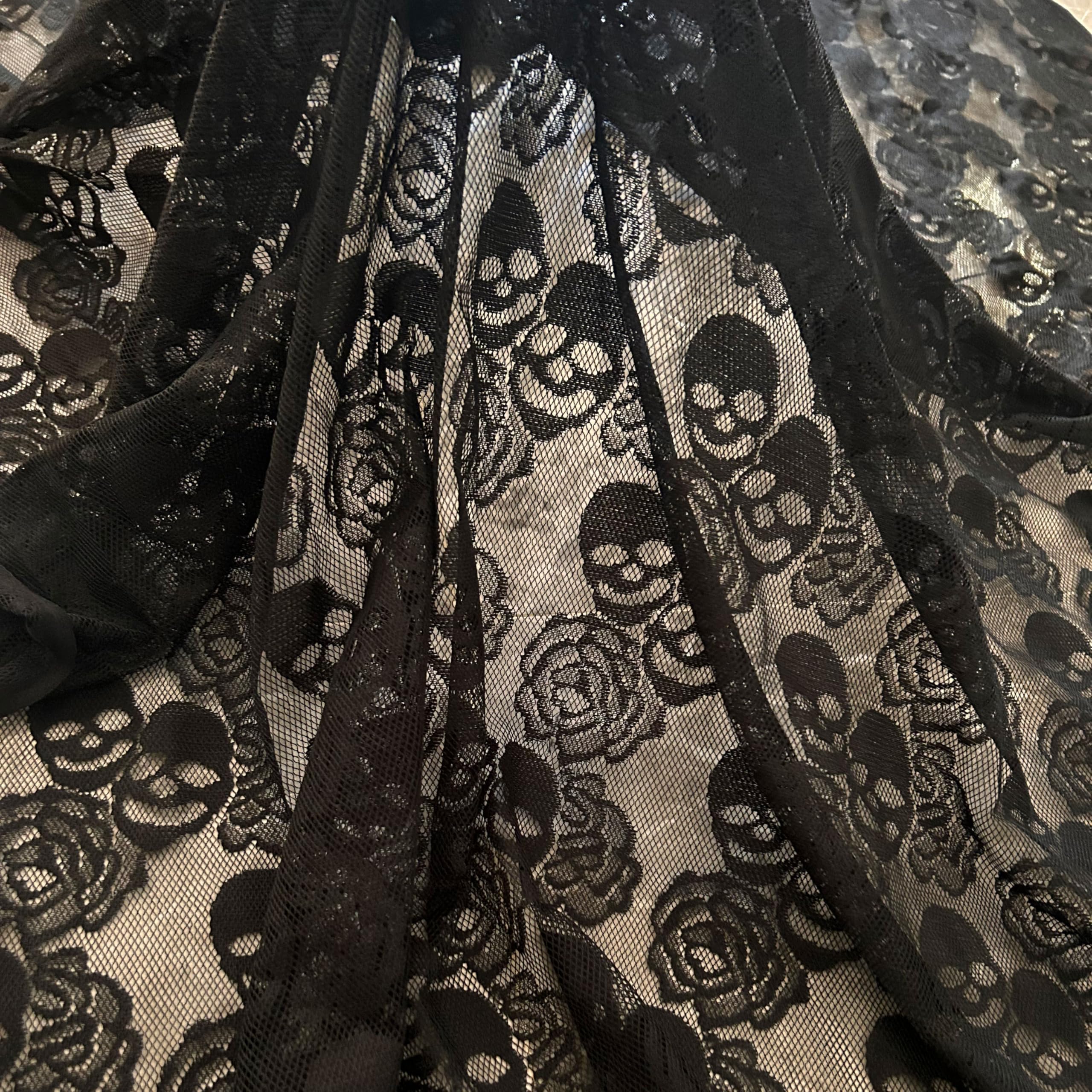 59 Inch Black Skull Lace Fabric, Rose Floral Lace for DIY Party Covers, Curtains, Tablecloths, Halloween Decorations (Black, 1 Yard (59 x 35 in))