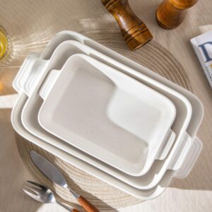 MALACASA Casserole Dishes for Oven, Ceramic Baking Dishes Set of 3, Baking Pan Casserole Dish Set, Rectangular Lasagna Pan Deep with Handles for Baking, Khaki White (14.5''/13''/10.5''), Series TARA