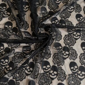 59 Inch Black Skull Lace Fabric, Rose Floral Lace for DIY Party Covers, Curtains, Tablecloths, Halloween Decorations (Black, 1 Yard (59 x 35 in))