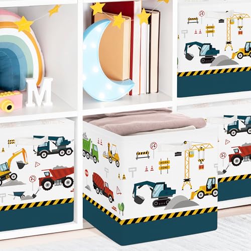 Clastyle 3 Pcs Construction Car Excavator Kid Storage Bin Large Bulldozer Boy Toy Basket for Clothes Book Gift Storage Box with Handle for Office Home Bedroom Nursery