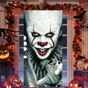 scary creepy horror movie character pennywise door cover clown joker photo backdrop classic horror halloween party decorations and supplies for home