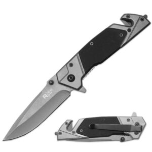 rtek 4.75" g10 handle tactical folding pocket knife with liner lock, pocketclip, glass breaker, seatbelt cutter (black)