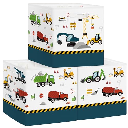 Clastyle 3 Pcs Construction Car Excavator Kid Storage Bin Large Bulldozer Boy Toy Basket for Clothes Book Gift Storage Box with Handle for Office Home Bedroom Nursery