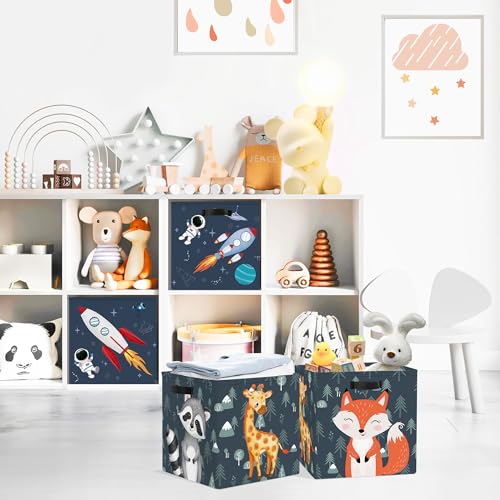 Clastyle 3 Pcs Animal Lion Kid Storage Cube Organizer Set Giraffe Fox Closet Clothes Cube Storage Bin Blue Nursery Toddler Toy Box Chest Raccoon Book Shelf Basket