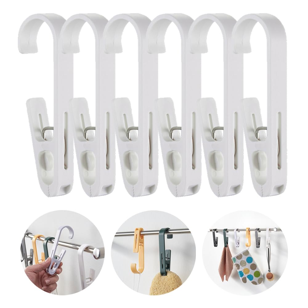 6Pcs Laundry Hooks with Clips Hanger Closet Organizer Clamps Hanging Socks Boot Bras Towels Shower Pegs for Bathroom Wardrobe Kitchen Office Holders Clothes Pins Outdoor, White