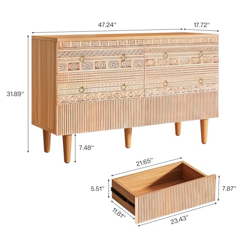 Tribesigns 6-Drawer Dresser, 47-Inch Boho Accent Dresser with 6 Carved Drawers, Double Wide Chest of Drawers, Wooden Dresser Cabinet with Metal Ring Pulls & Legs for Living Room, Bedroom, Oak